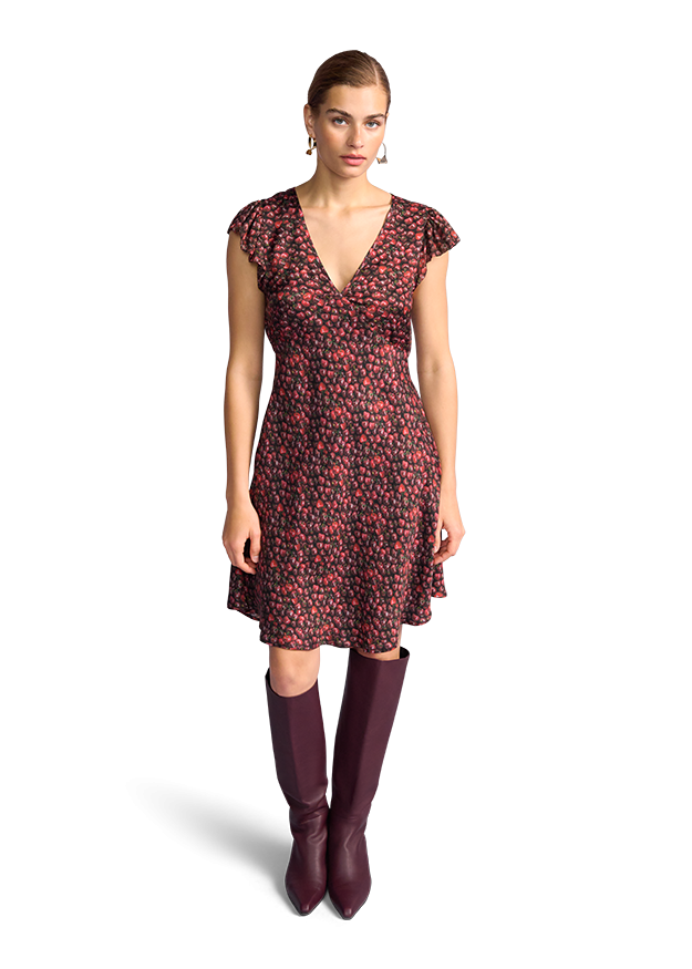 Short Dress with Cherry Print » Colour: morello patterned, Size: 38